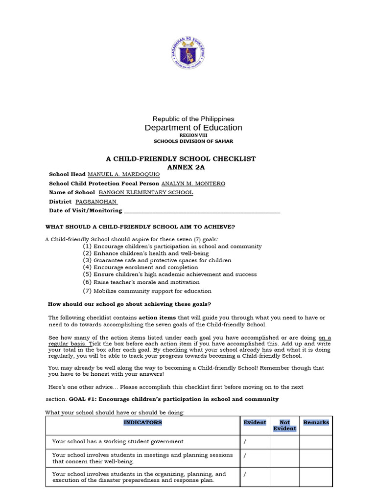 Child-Friendly School Checklist | PDF | Teachers