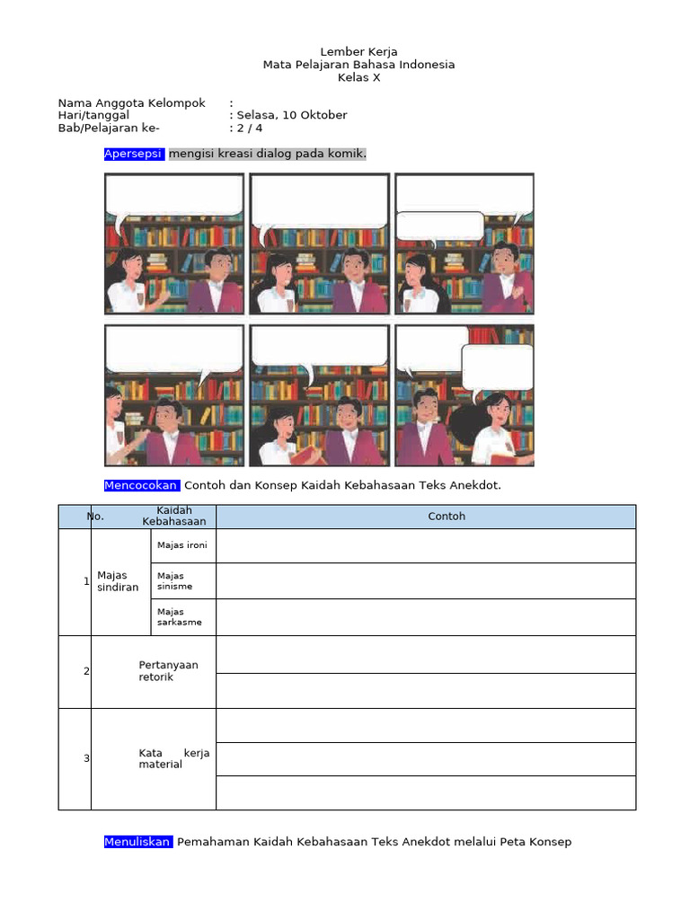 Lember Kerja Bab 2 Pelajaran ke-4 (mengidentifikasi kaidah kebahasaan anekdot) | PDF