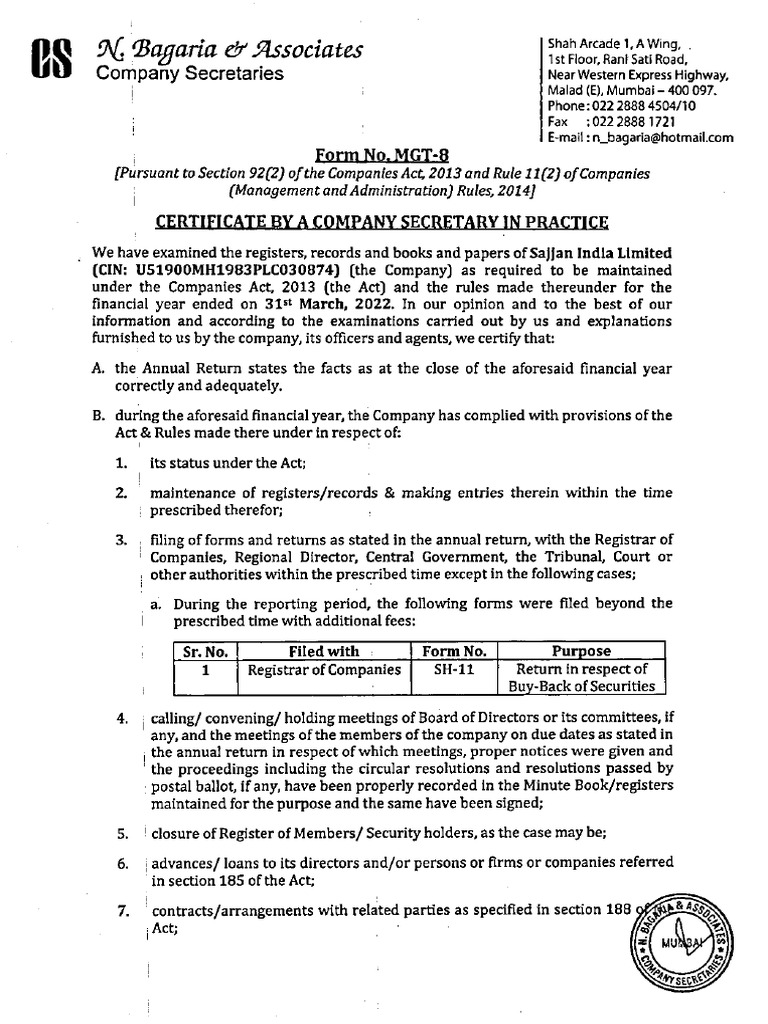 Form MGT-8 - 2021-22 - SIL | PDF