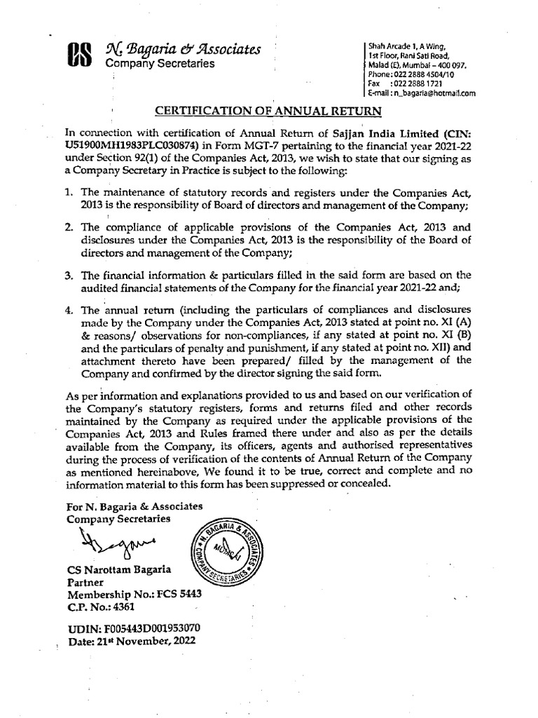 Certification Annual Return 2021-22 SIL (1) | PDF