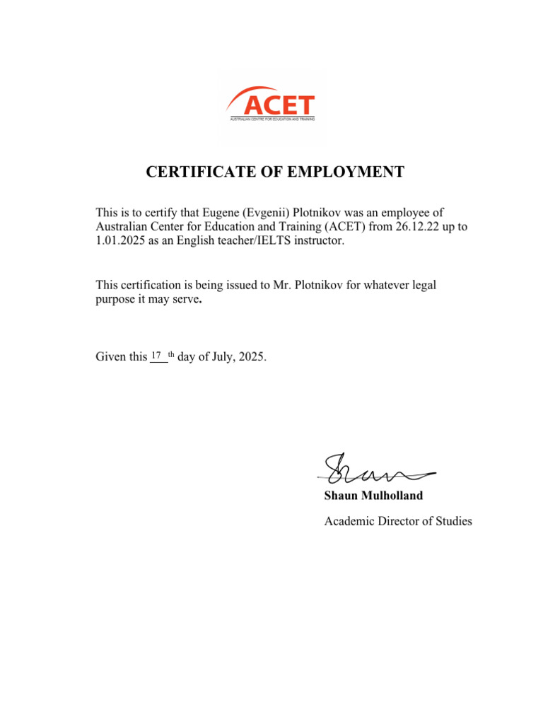 Certificate of Employment ACET | PDF