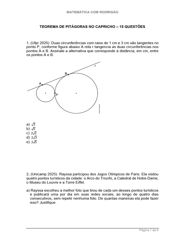 Teorema de Pitagoras No Capricho - 15 Questoes | PDF | Triângulo | Círculo