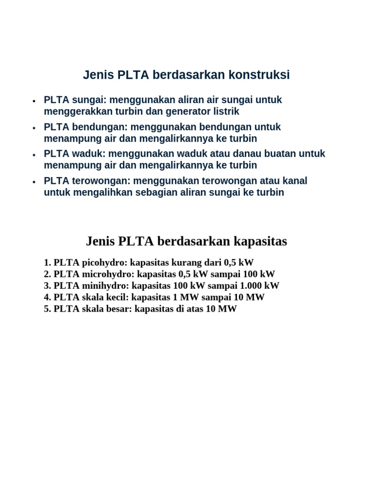 Jenis PLTA Berdasarkan Konstruksi dan Kapasitas | PDF