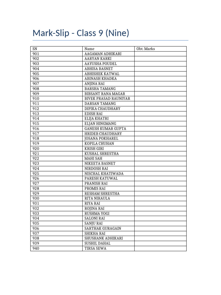 Class 9 Mark-Slip Results | PDF