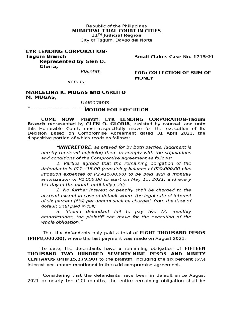 LLC-Tagum v. Mugas (Execution) | PDF | Judiciaries | Public Law