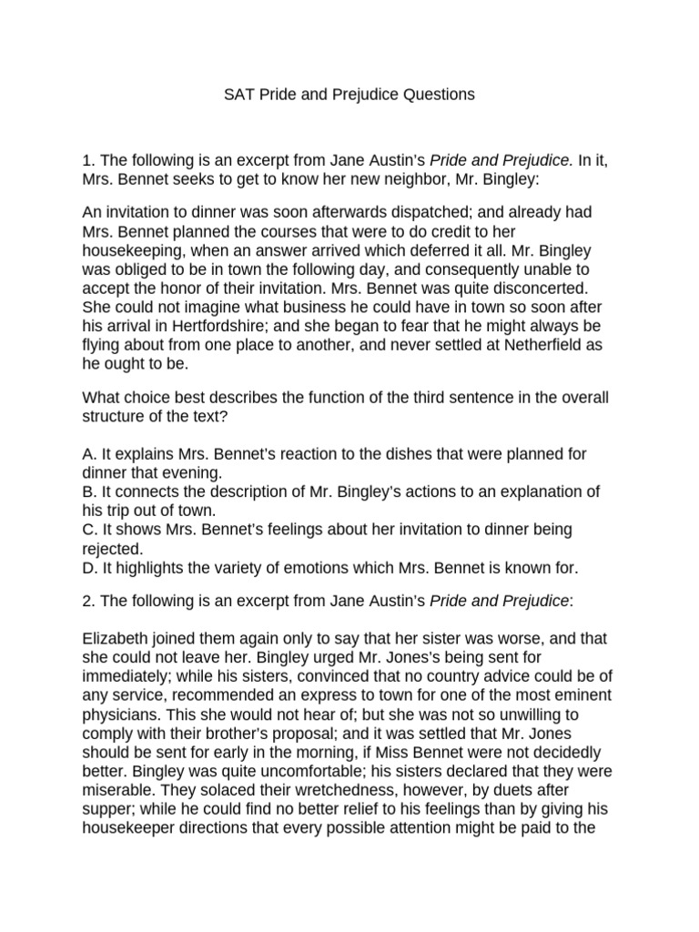 SAT Pride and Prejudice Questions | PDF | Pride And Prejudice