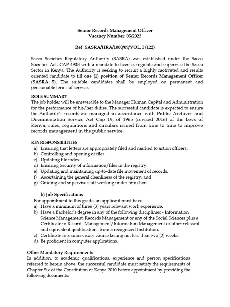Senior Records Management Officer Job | PDF