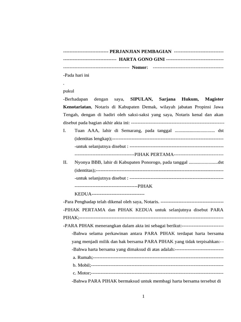 Draft Akta Perjanjian Harta Gono Gini | PDF