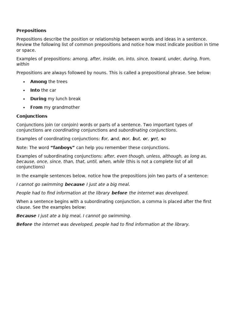 Understanding Prepositions and Conjunctions | PDF