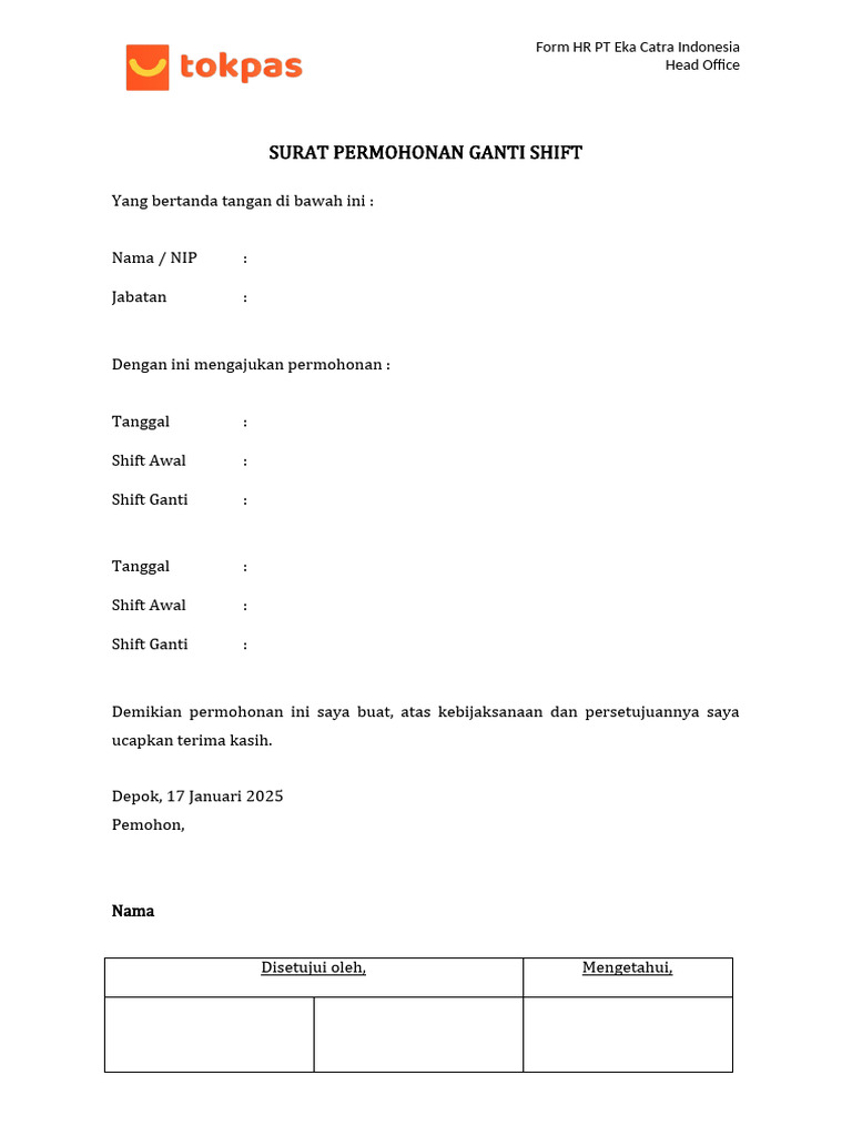 Form Permohonan Ganti Shift HR | PDF