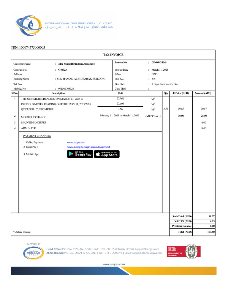 Tax Invoice:: MR. Vinod Ravindran Jayashree Invoice No. GIN014246-6 ...
