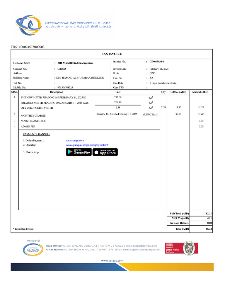 Tax Invoice:: MR. Vinod Ravindran Jayashree Invoice No. GIN013933-6 ...