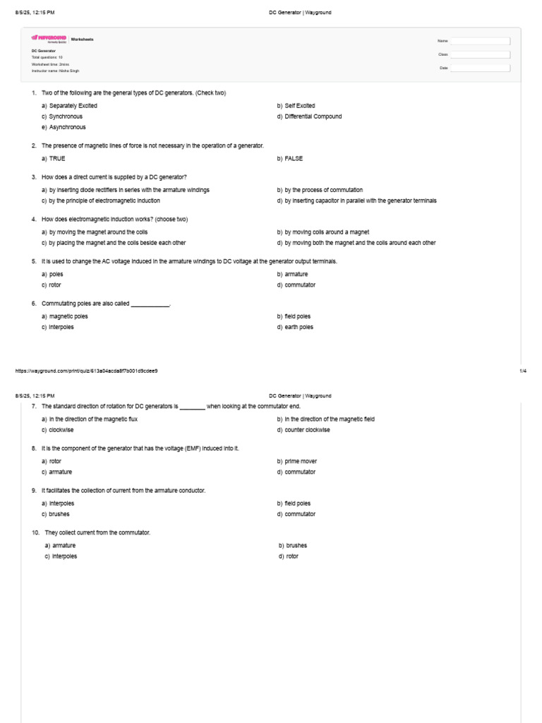 DC Generator Worksheet with Answers | PDF | Electric Generator ...