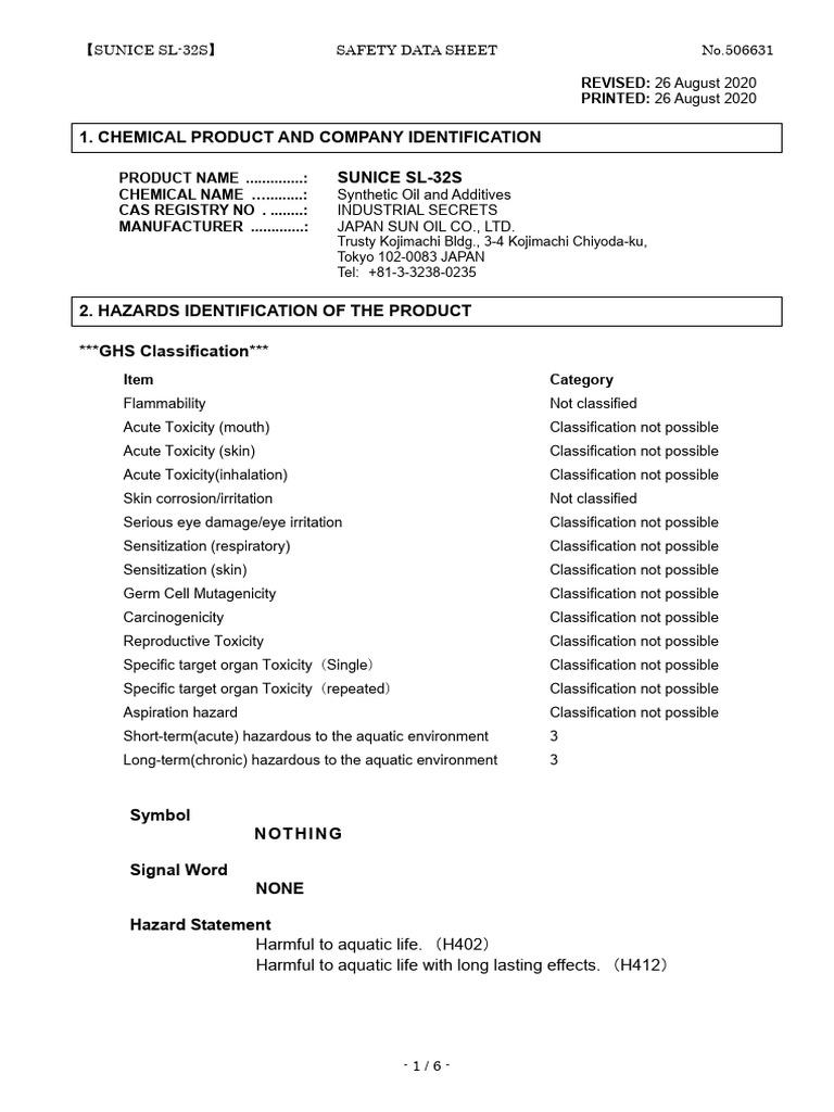 SUNICE SL-32S Safety Data Sheet | PDF | Toxicity | Safety