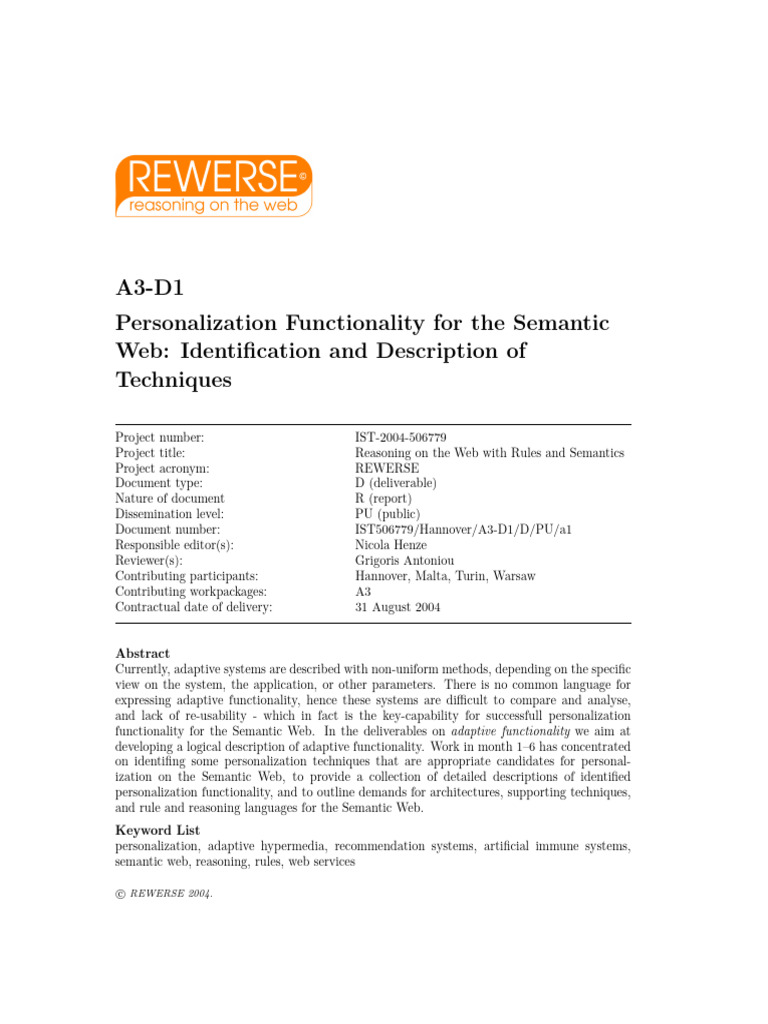A3-D1 Personalization Functionality For The Semantic Web: Identification and Description of ...