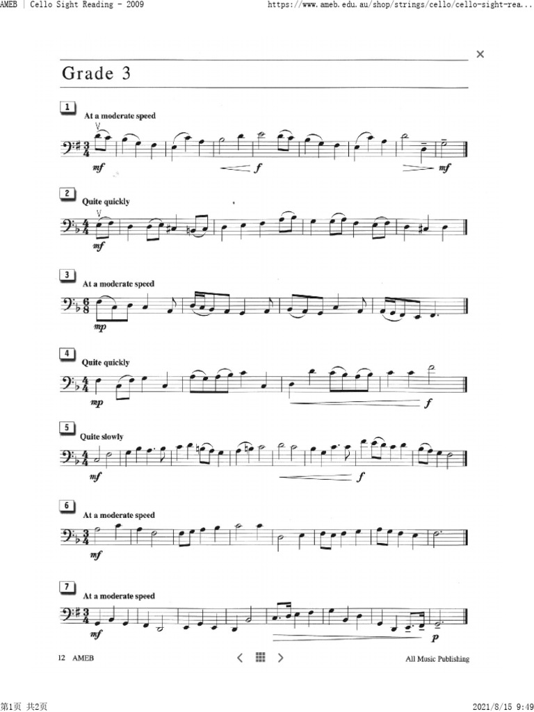 AMEB - Cello Sight Reading - 2009 Grade 3 | PDF