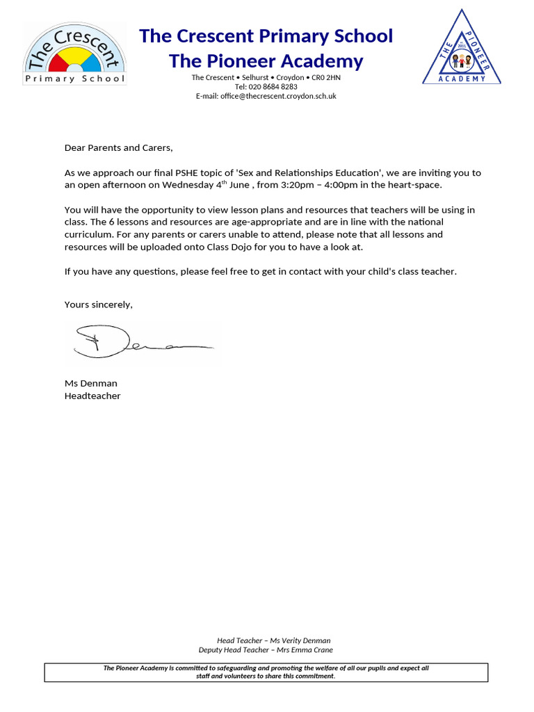 Sex and Relationships PSHE - Open Afternoon Letter To Parents Updated ...
