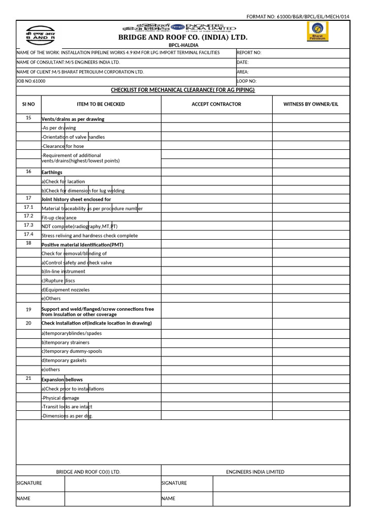 Mechanical Clearance Checklist for Piping | PDF
