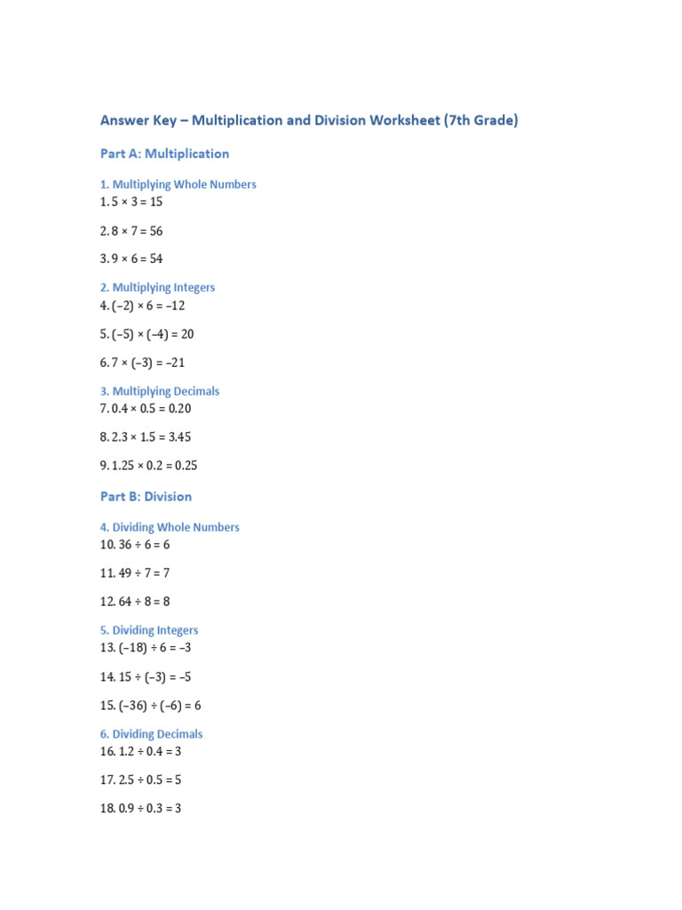 Multiplication Division Answer Key 7thgrade | PDF
