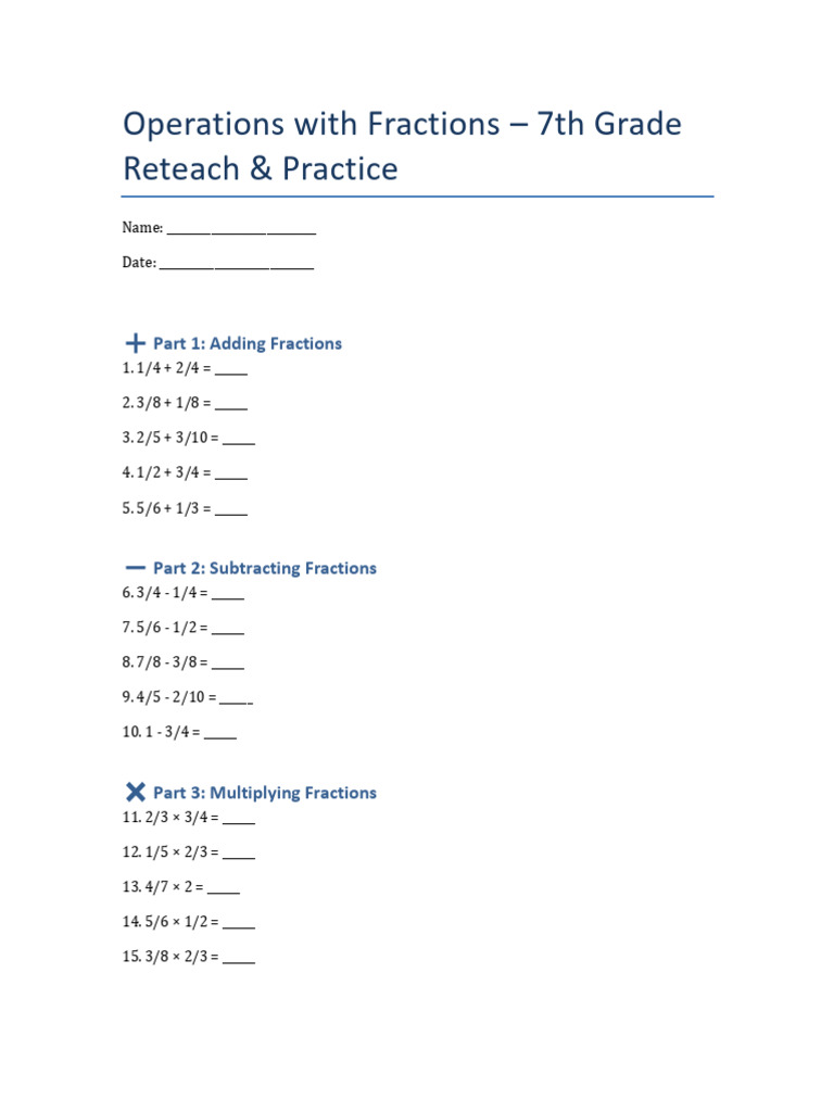 Operations With Fractions Practice 7thgrade | PDF