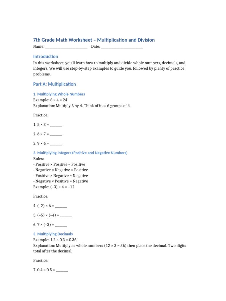 7th Grade Multiplication & Division Worksheet | PDF