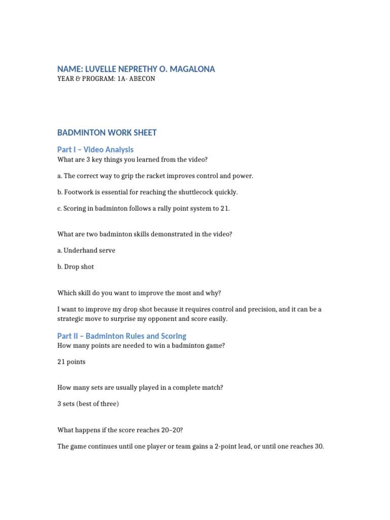 Badminton Skills and Fitness Worksheet | PDF