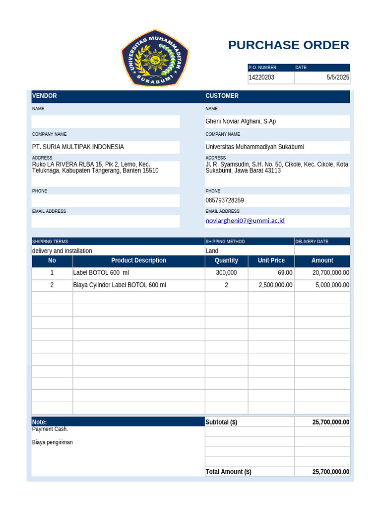 Purchase Order Label 600 ML AMDK UMMI | PDF