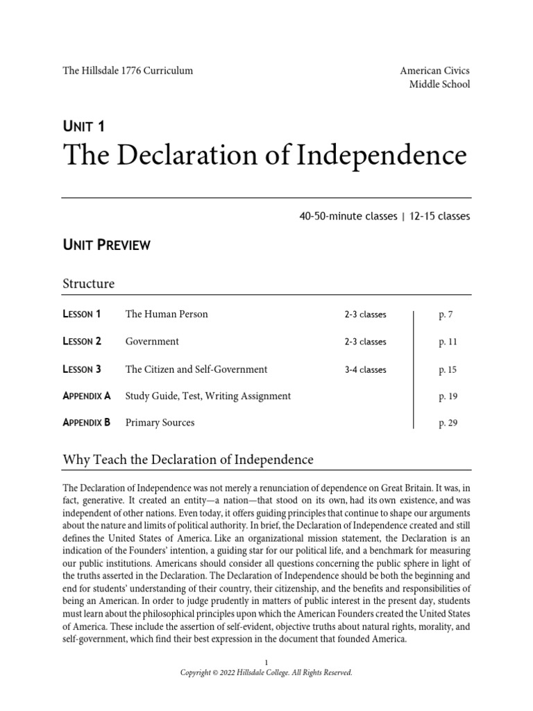 Unit 1 the Declaration of Independence Middle School Civics the ...