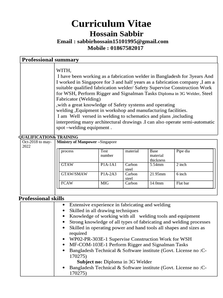 Sabbir Hossain Cv Finel NZ - Copy 22 | PDF | Welding | Construction