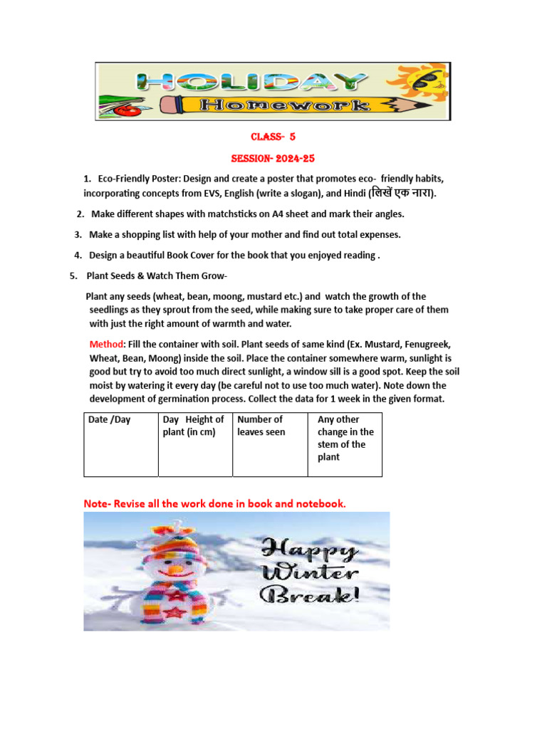 Class 5 - Winter Holidays Homework | PDF
