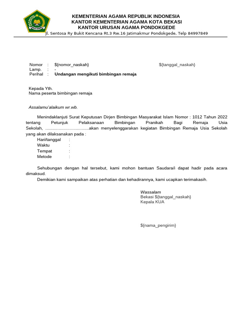 Surat Undangan Mengikuti Bimbingan Remaja | PDF