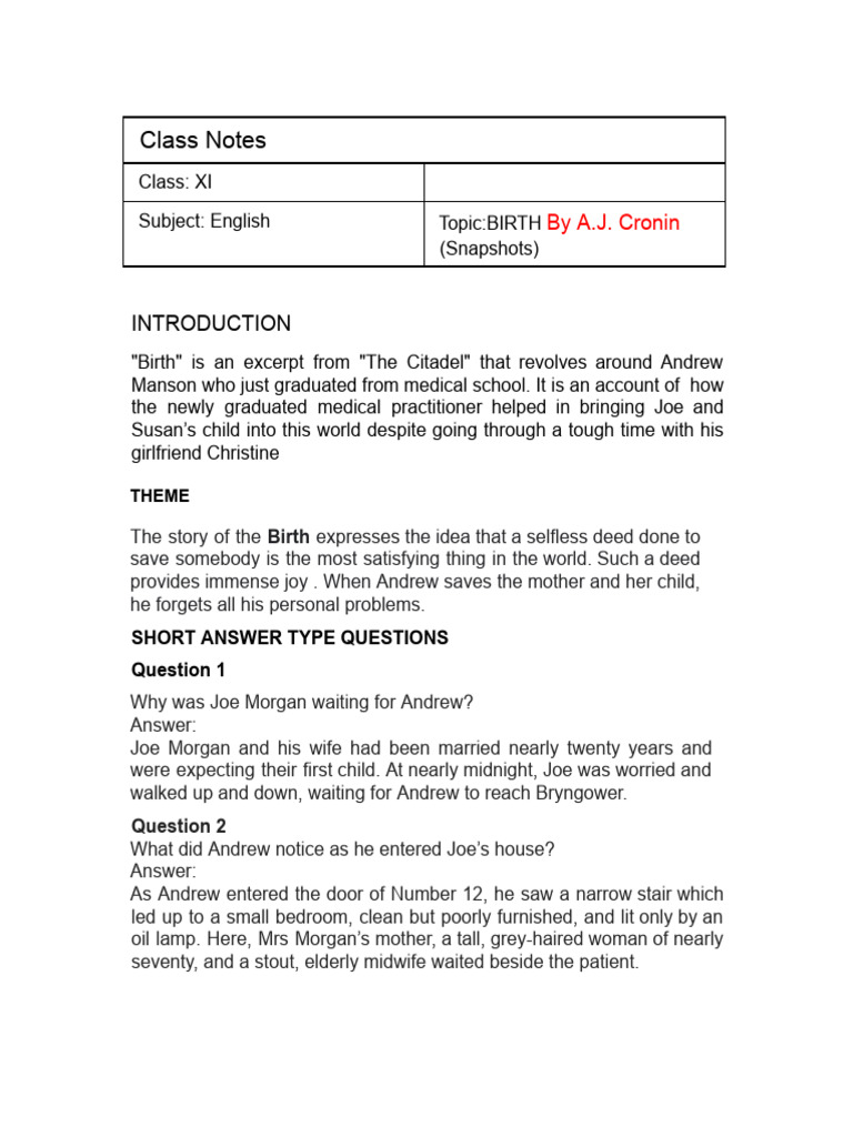 A.J. Cronin's "Birth": Class 11 Notes | PDF