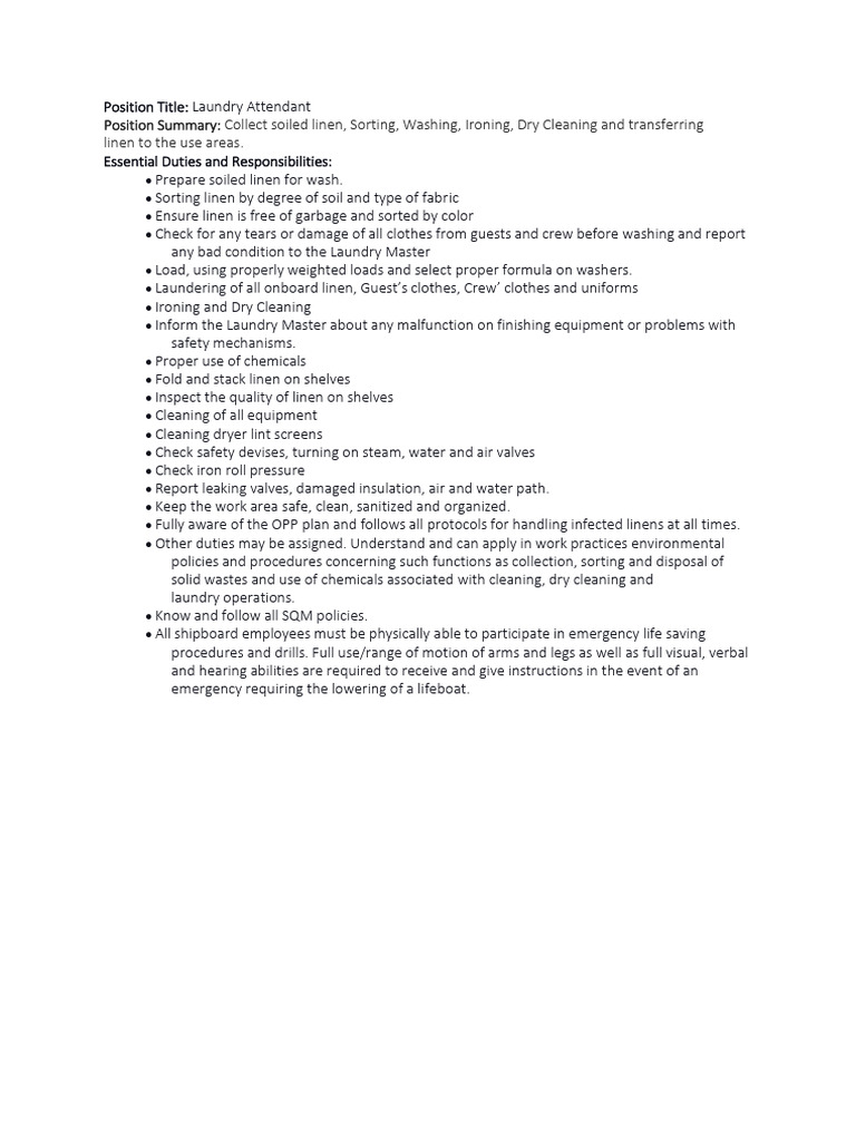 Laundry Attendant Job Responsibilities | PDF