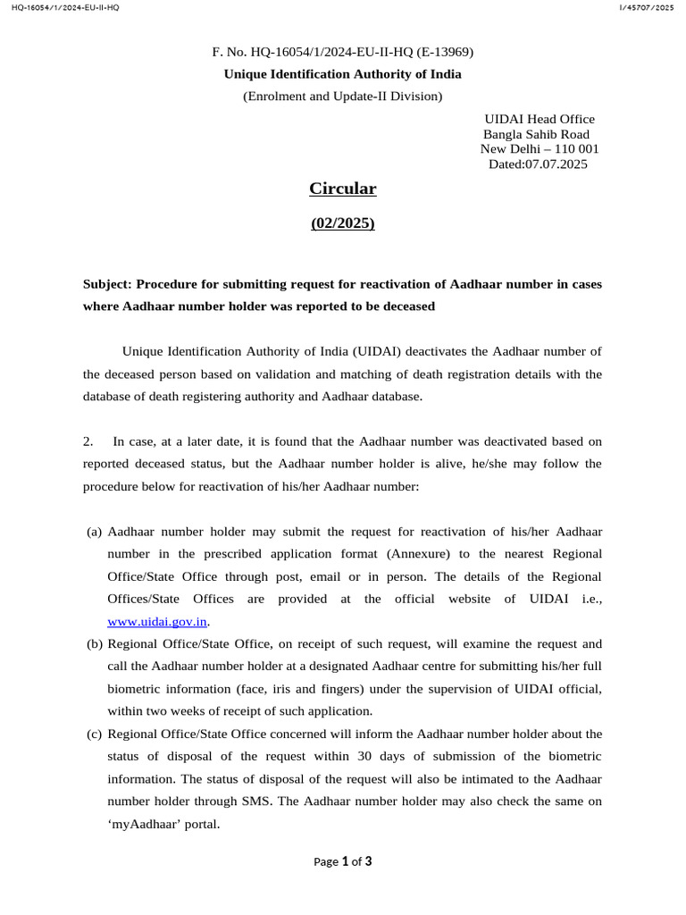Reactivation Process for Aadhaar Deactivation | PDF | Privacy | Authentication