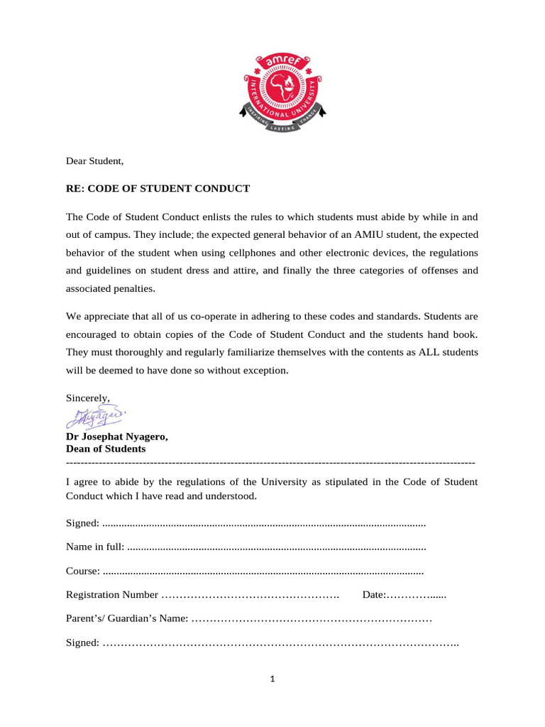 Code of Student Conduct Agreement | PDF