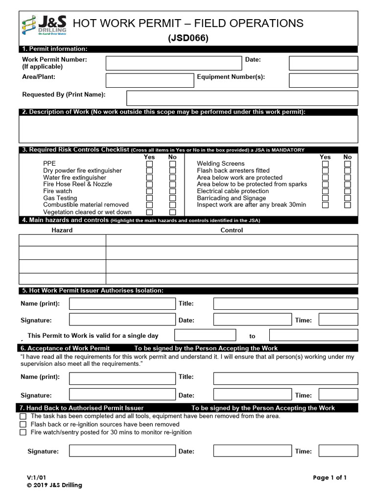 Jsd-whs-frm066 Hot Work Permit | PDF | Fires | Occupational Safety And Health
