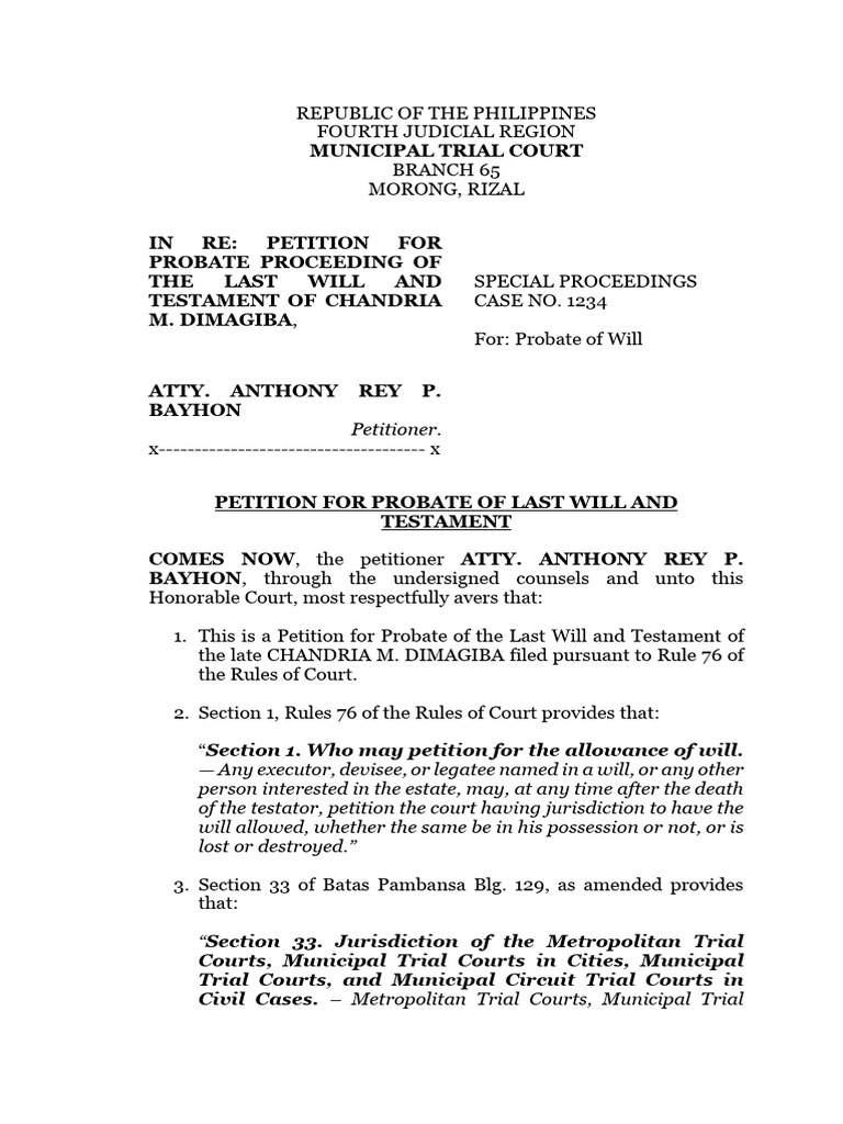Petition for Probate of Chandria Dimagiba's Will | PDF | Will And ...