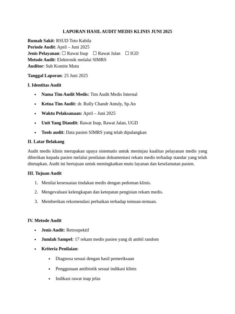 Laporan Hasil Audit Medis Klinis Juni 2025 | PDF
