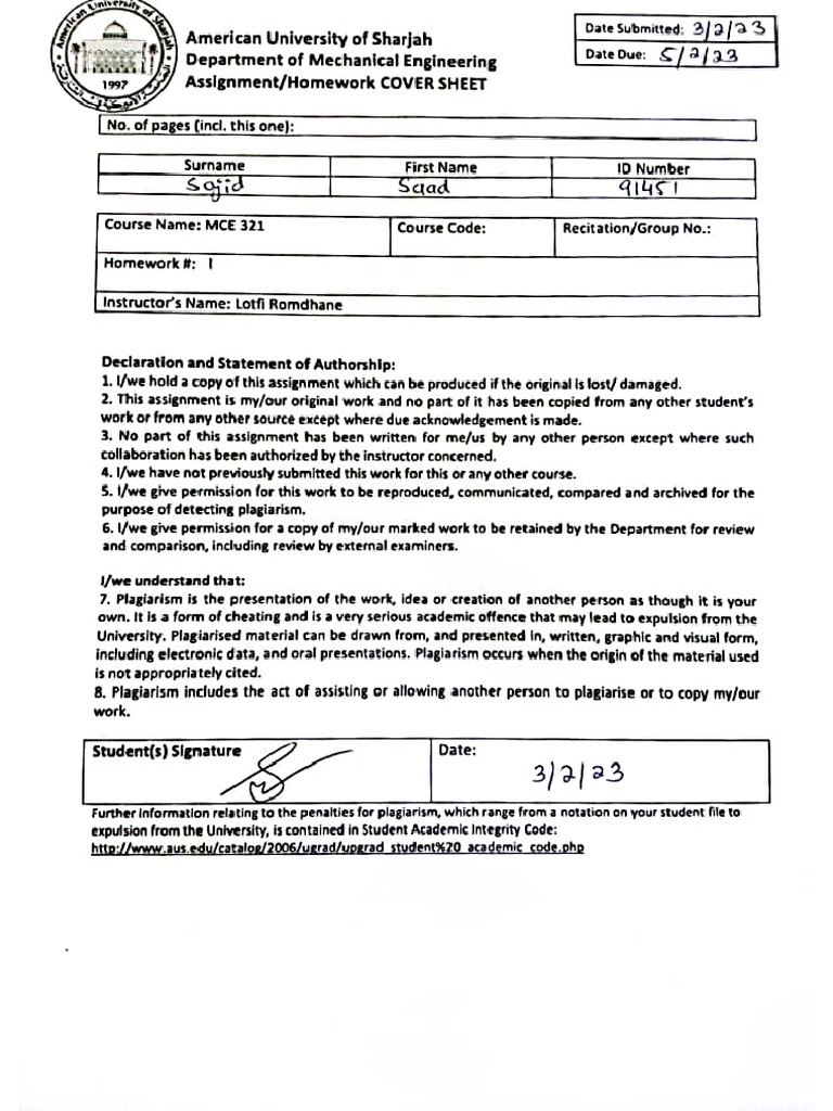MCE 321 - HW 1 Solution | PDF