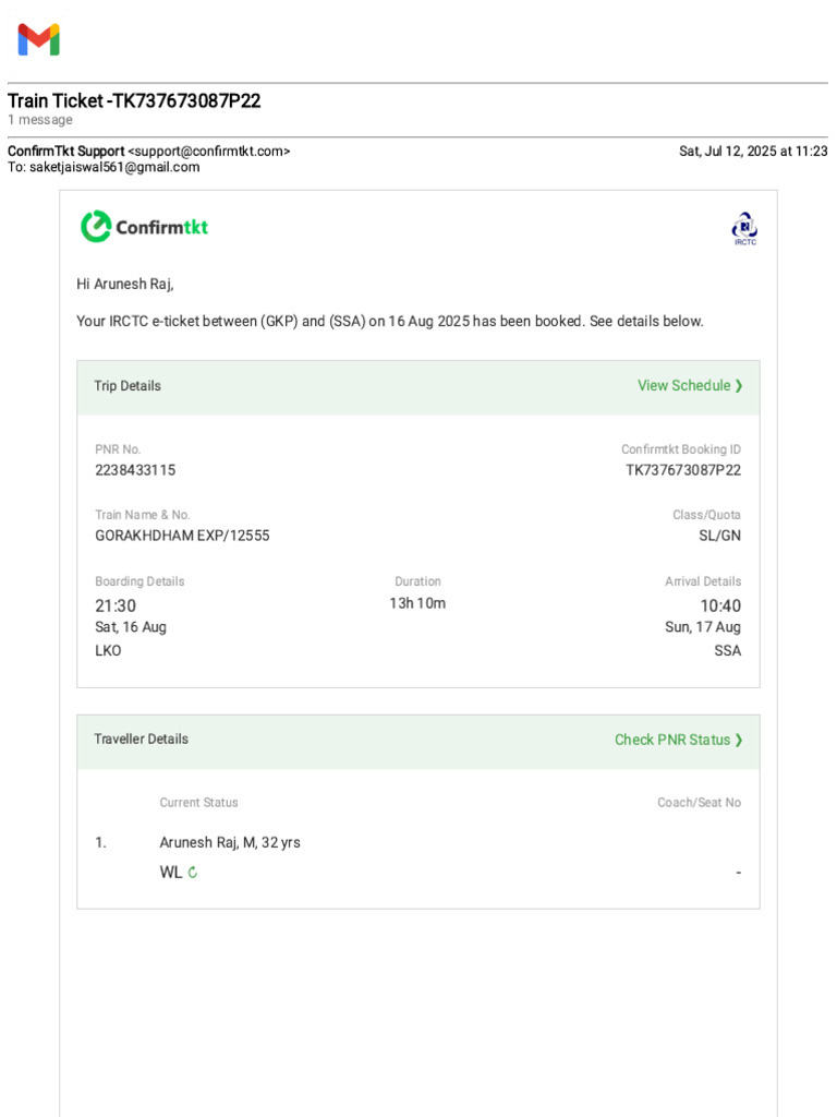 Gmail - Train Ticket - TK737673087P22 | PDF | Fee