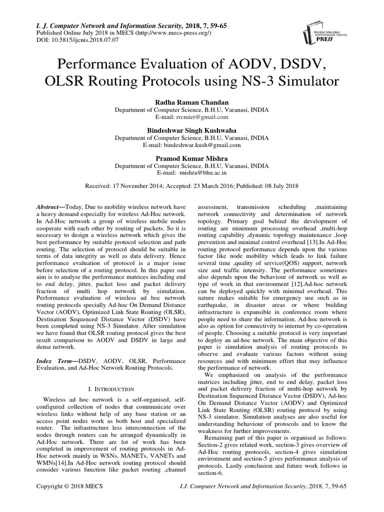 Performance of AODV, DSDV, OLSR in NS-3 | PDF | Routing | Wireless Ad Hoc Network