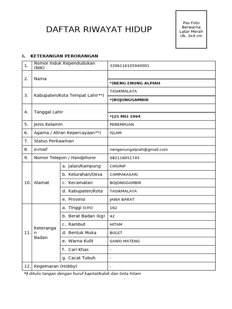 Format Daftar Riwayat Hidup (DRH) | PDF