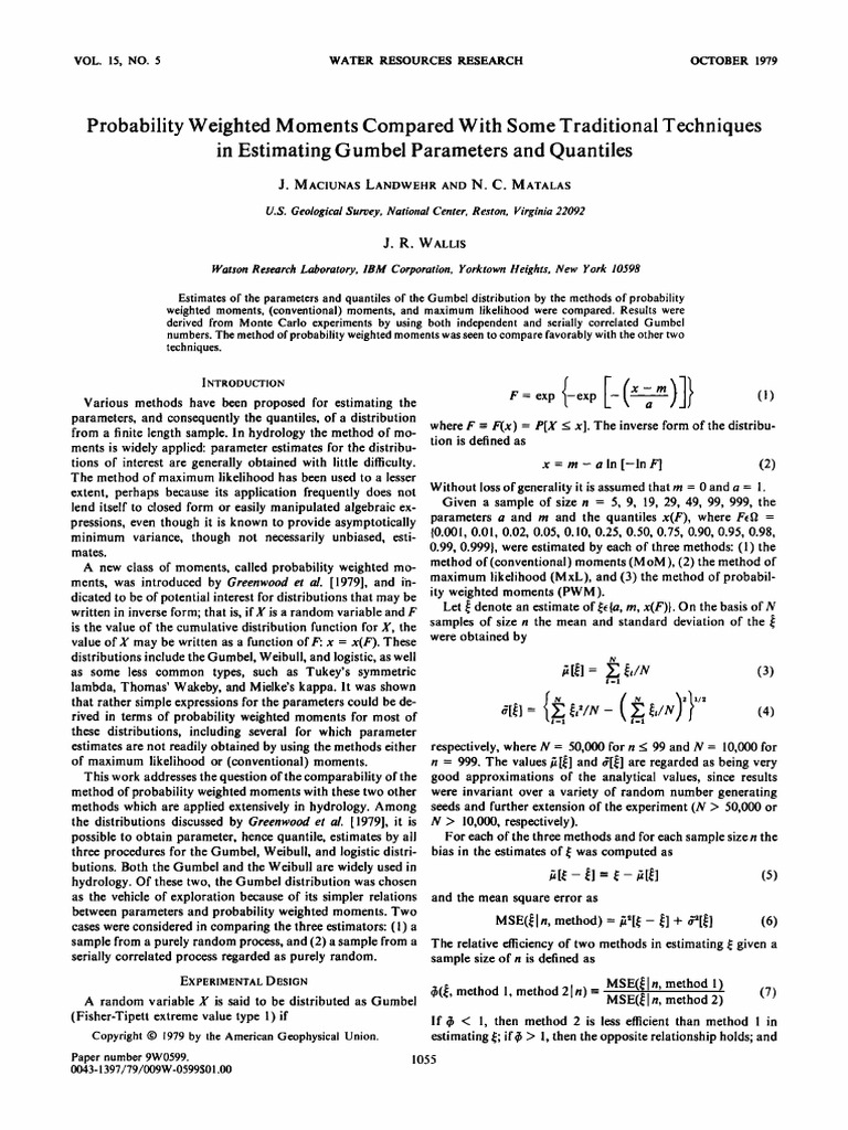 1979 - Probability Weighted Moments Compared With Some Traditional Techniques in Estimating ...