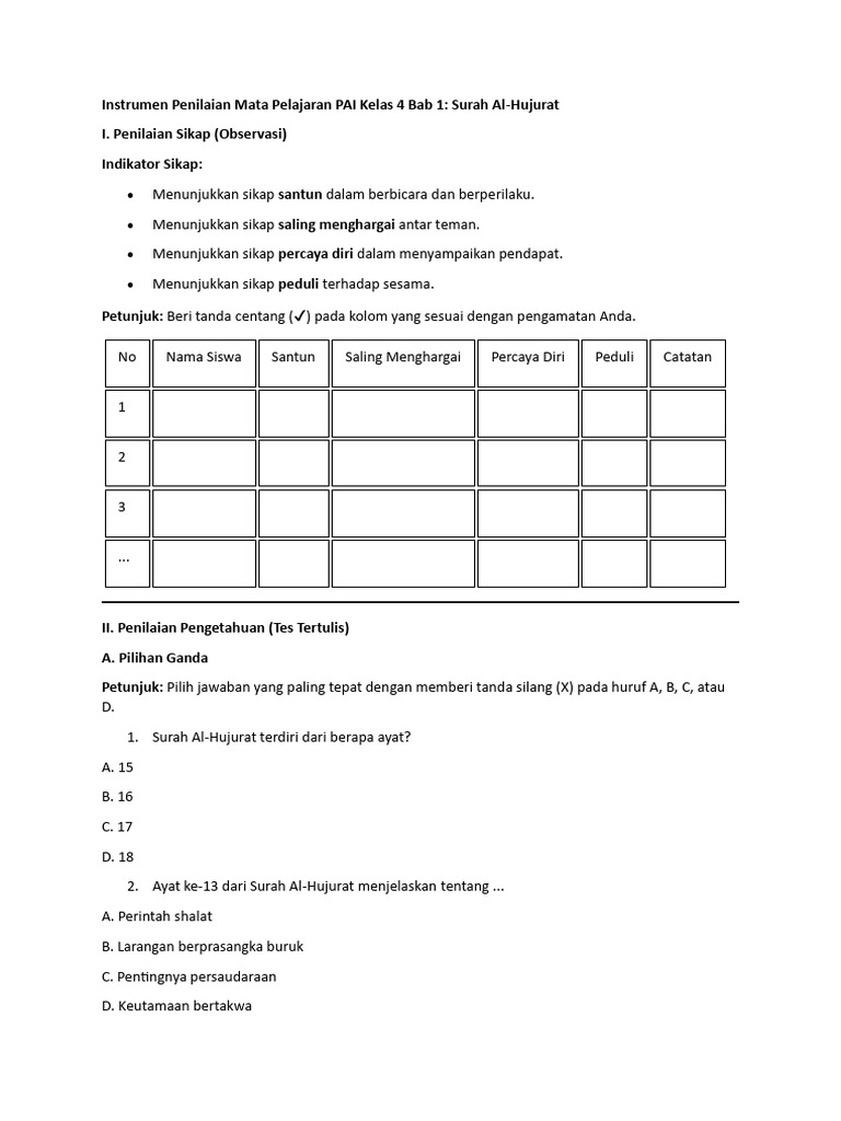 Instrumen Penilaian Bab 1 - GANJIL 2021-20222 | PDF