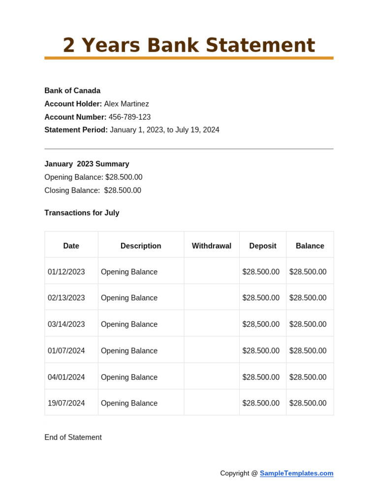 2-Year Bank Statement Example | PDF