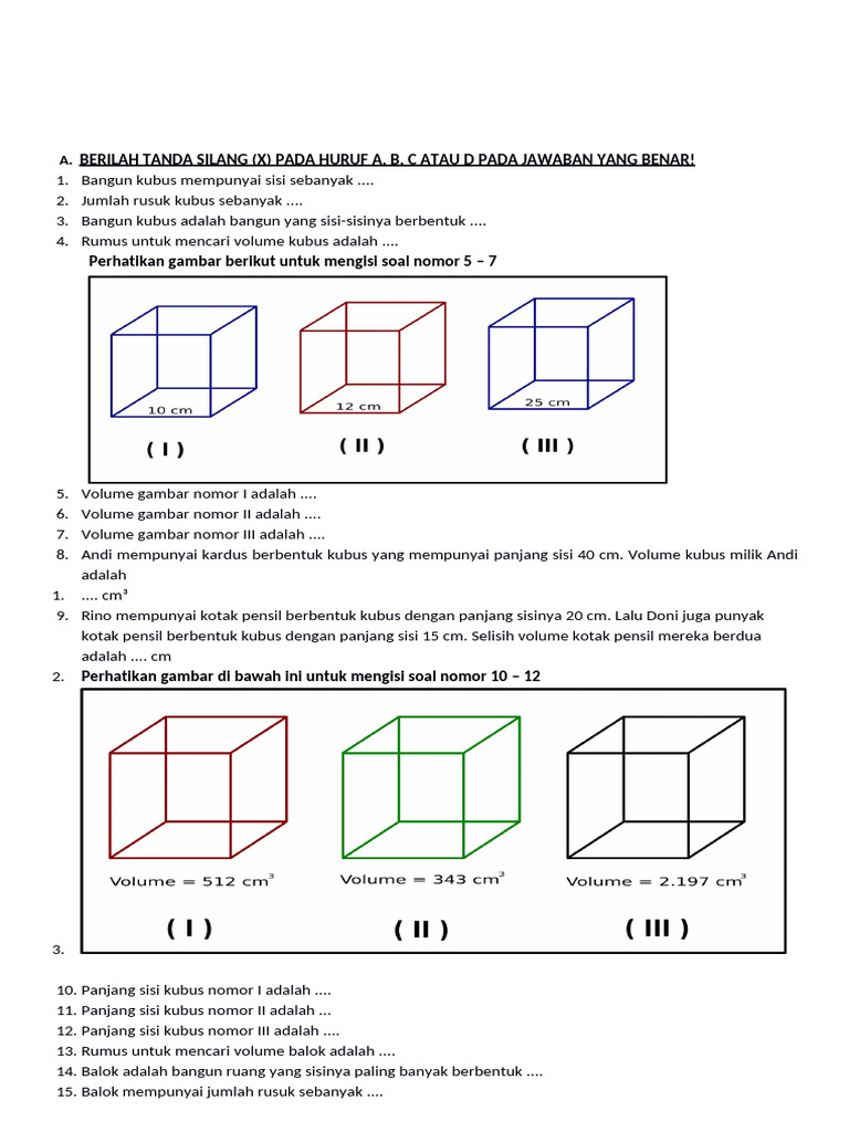 Soal Matematika Kelas 5 SD Bab 5 Kubus Dan Balok Dan Kunci Jawaban (Www.bimbelbrilian.com) | PDF