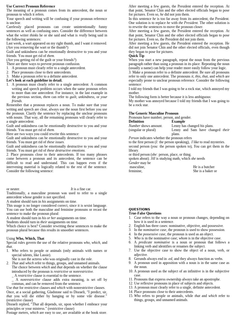 Use Correct Pronoun Reference | PDF | Grammatical Gender | Pronoun