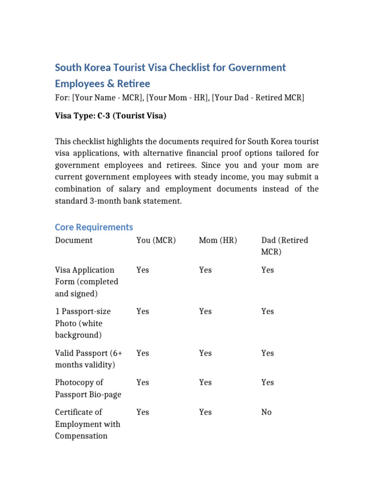 South Korea Visa Checklist Gov Employees | PDF