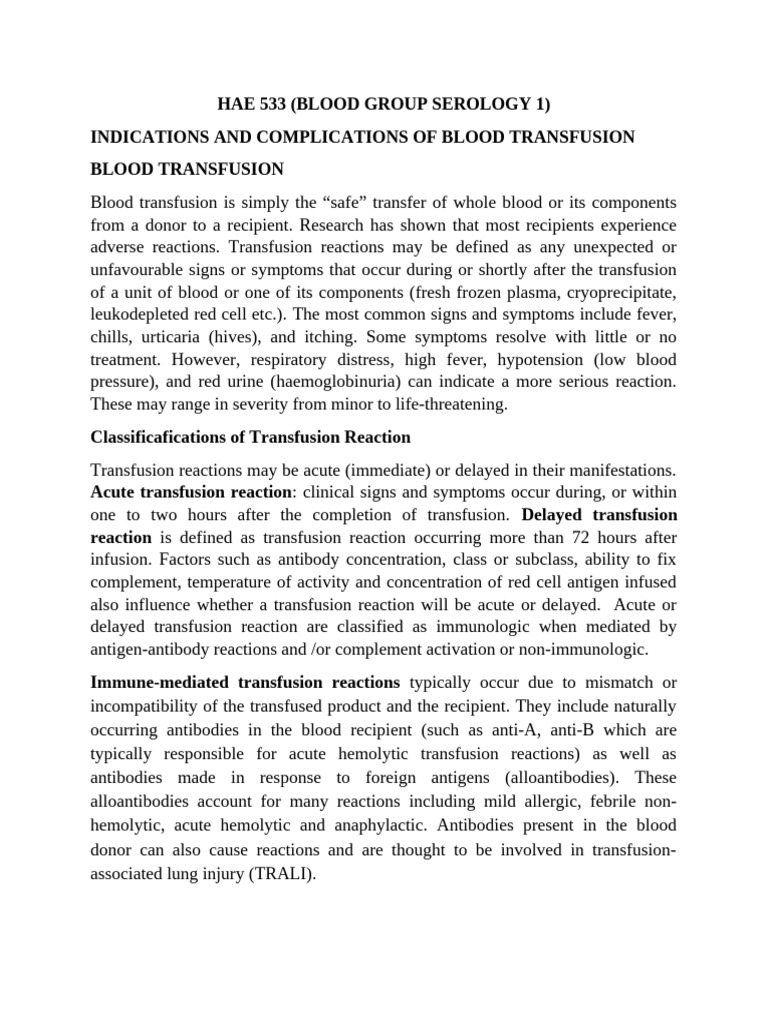 Indications and Complications of Blood Transfusion | PDF | Blood ...