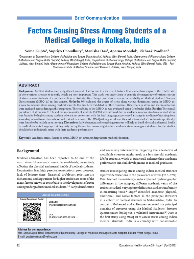 Stress Factors in Kolkata Medical Students | PDF | Stress (Biology ...
